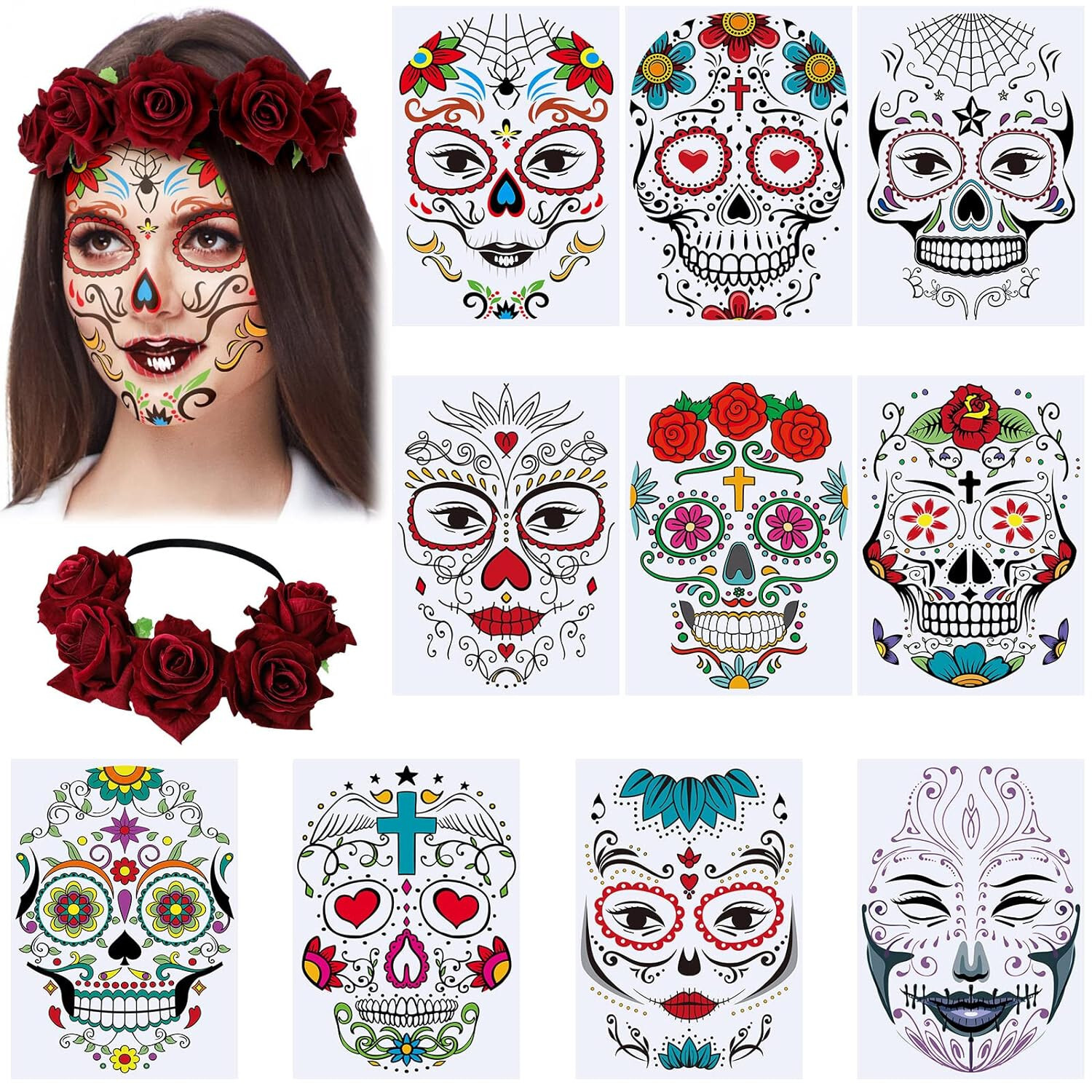 Halloween Temporary Face Tattoos Kits 10 Sheets Floral Day of the Dead ...