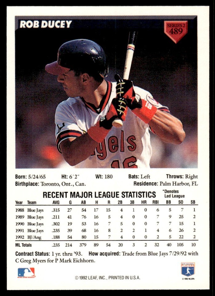 1993 Donruss Baseball Card Rob Ducey California Angels #489 | eBay