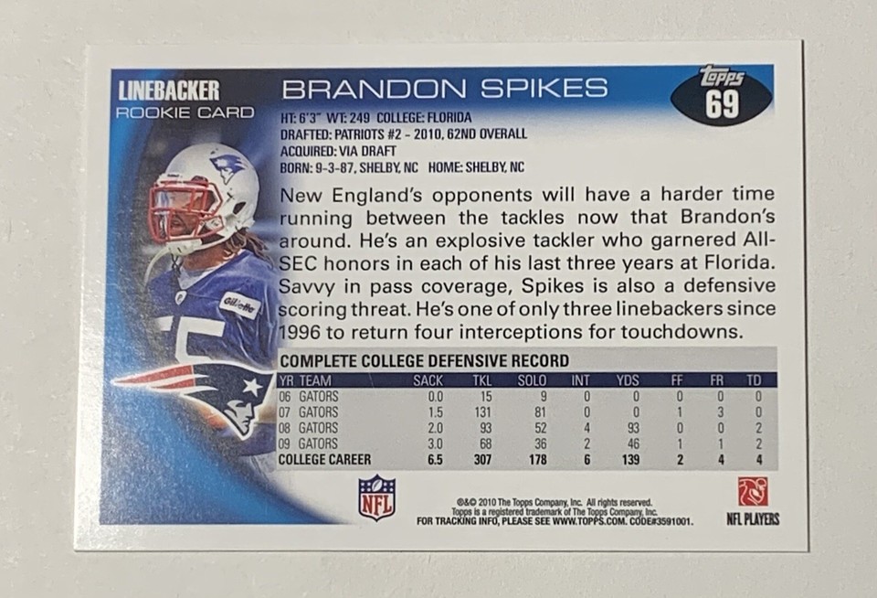 2010 Topps Brandon Spikes RC #69 New England Patriots | eBay