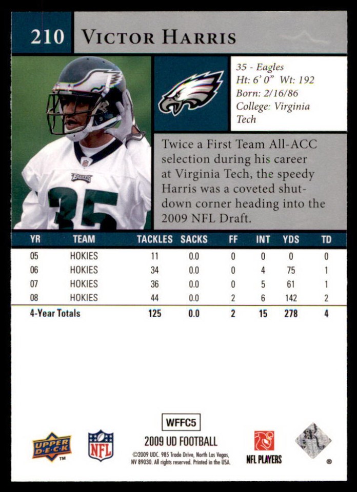 2009 Upper Deck #210 Victor Harris Philadelphia Eagles Rookie RC | eBay