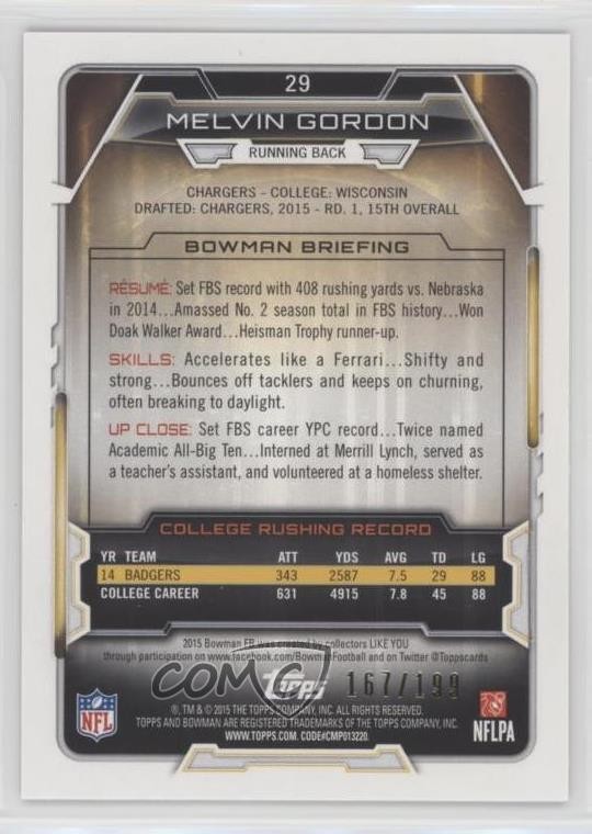 2015 Bowman Rookies Red Rainbow Foil 157/199 Melvin Gordon #29 h3a | eBay