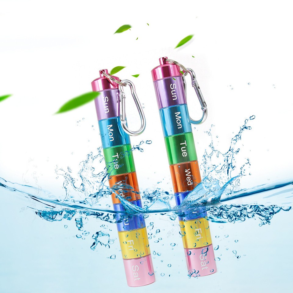 Weekly Metal Pill Box Organizer 7 Day Portable Waterproof Keychain Pill ...