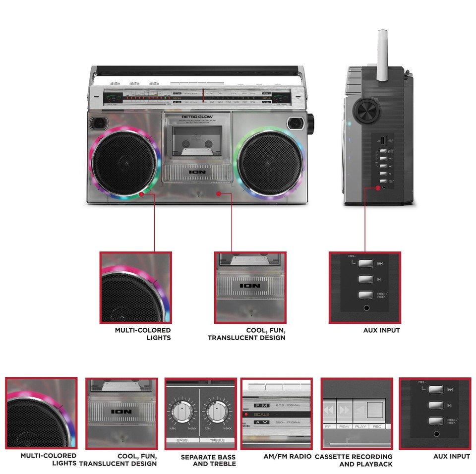 ION Retro Glow™ Wireless Translucent Boombox with 10-Hour Battery | eBay