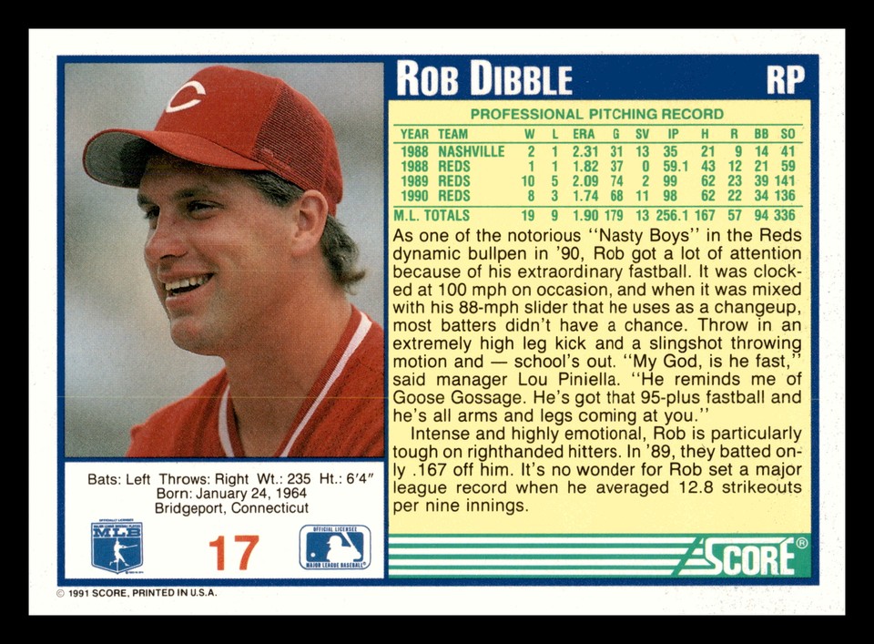 1991 Score Rob Dibble Cincinnati Reds #17 Centered Mint | eBay