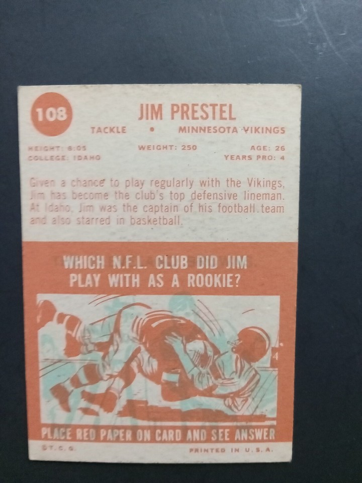 1963 Topps #108 Jim Prestel Poor Cond. Damage Bottom Left Minnesota ...