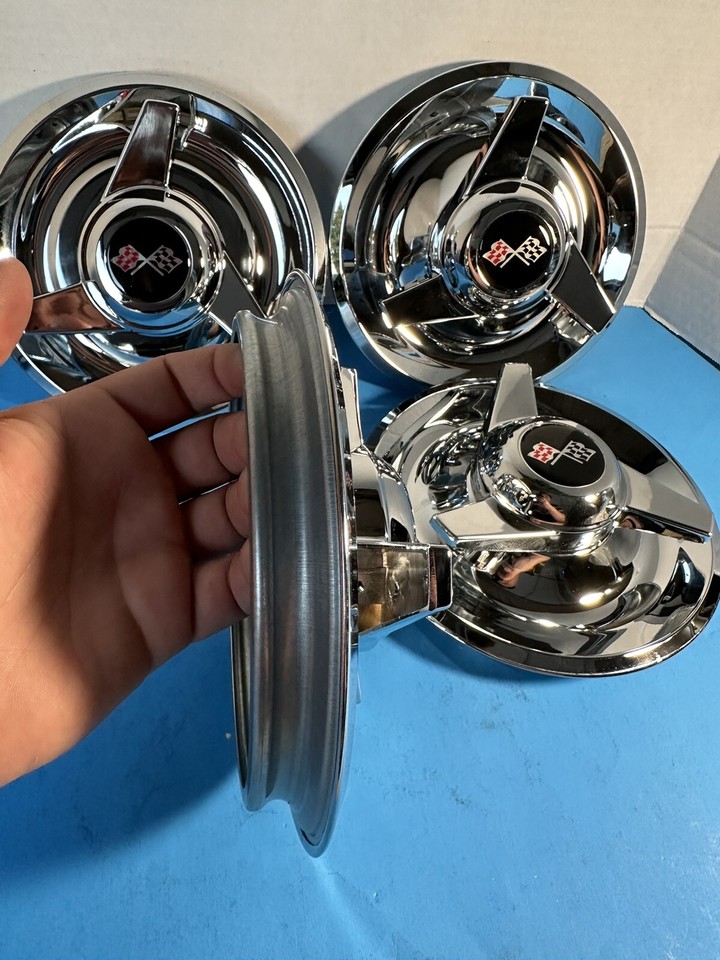 (4) 3 BAR SWEPT SPINNERS CENTER CAPS FOR CHEVY RALLY WHEELS 7", BLACK ...