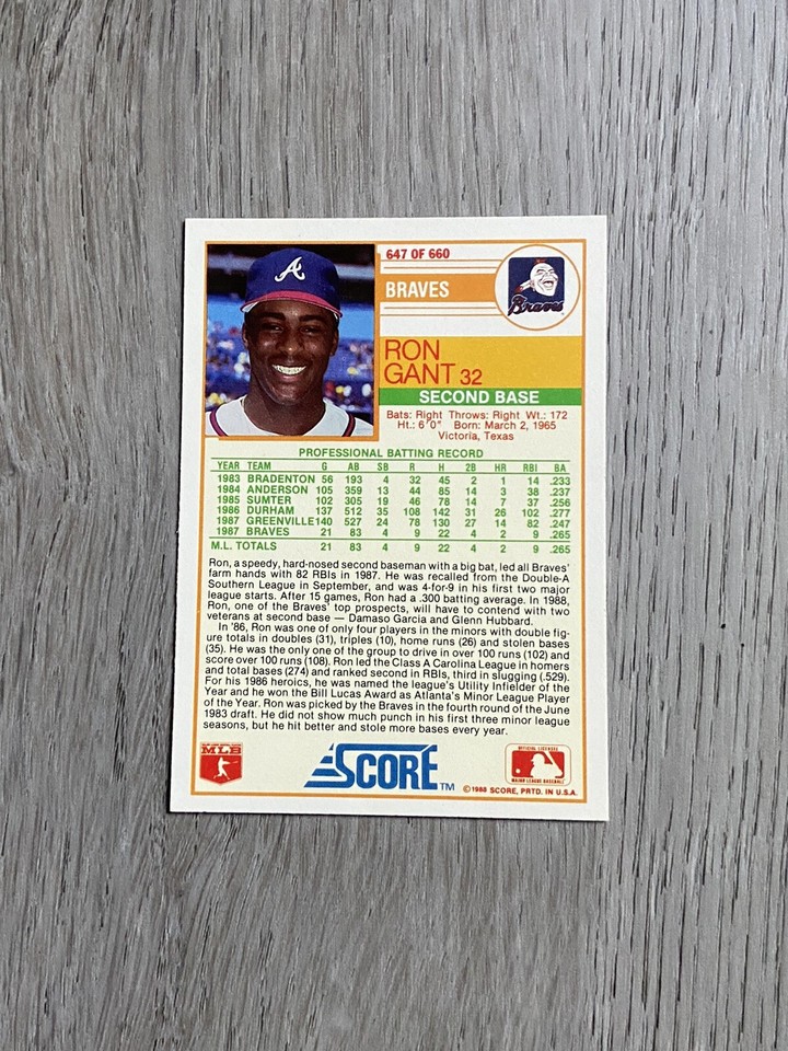 1988 MLB Score 'Rookie Prospect' | Ron Gant RC | #647 | Atlanta Braves ...