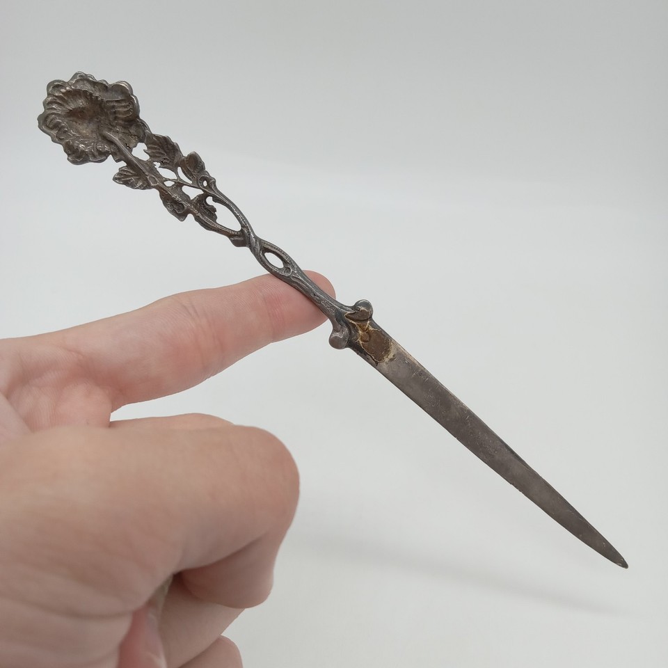 Ornate Silver Rose Letter Opener 7" .835 Openwork Handle Floral Carved ...