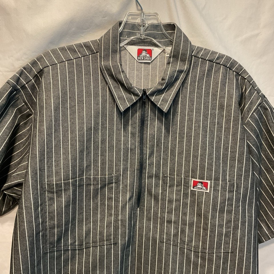 Ben Davis Men's Shirt Short Sleeve Gray Striped 1/2 Zip Pockets Size L ...