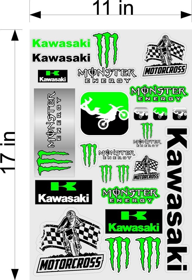 Kawasaki Monster Motorcross green white black sticker pack cool decal ...