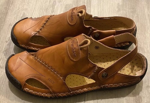 HSY Fashion Men Leather Sandal Shoes EU45 US 10.5 Brown Slip On | eBay