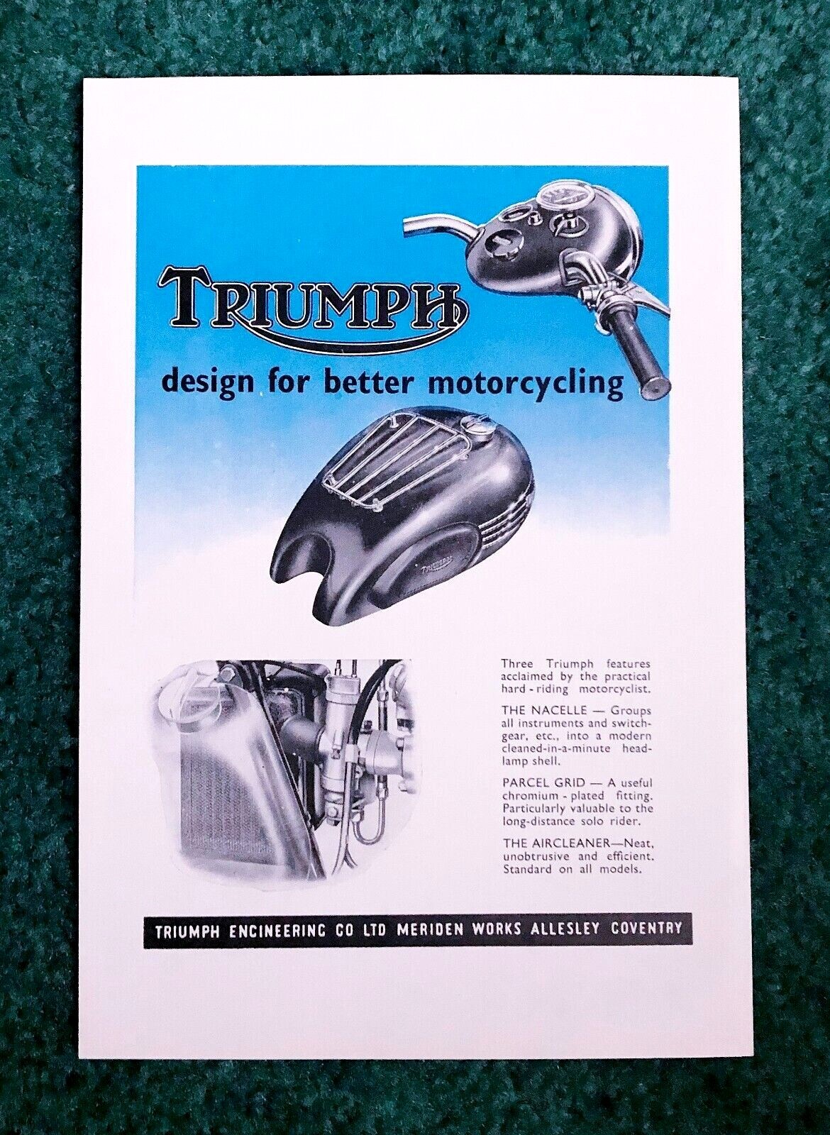 RARE ORIG 1950 TRIUMPH MOTORCYCLE MAGAZINE AD NACELLE TANK AMAL TYPE-6 ...
