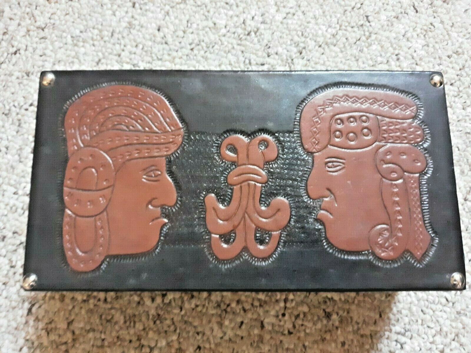 LARGE Leather?EMBOSSED TOOLED Box AZTEC MAYAN INCA Jewelry Trinket ...
