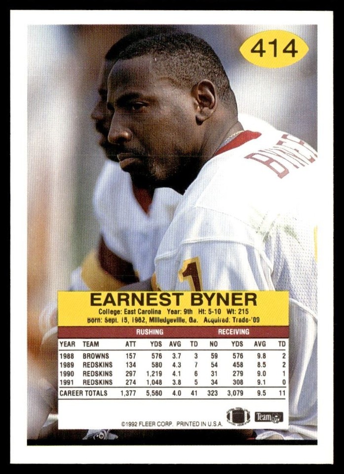 1992 Fleer Earnest Byner Washington Redskins #414 | eBay