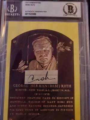Babe Ruth Signed "CASH" Cut Handwriting HOF Plaque BAS Beckett BGS Card ...