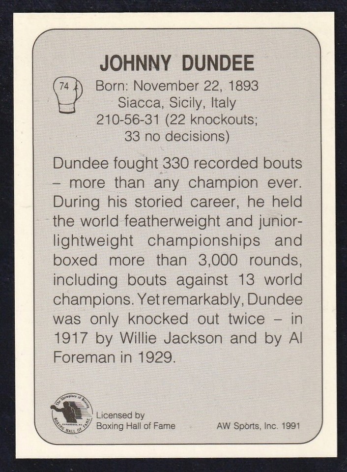 1991 AW Sports All World Boxing Johnny Dundee # 74 NRMINT. | eBay