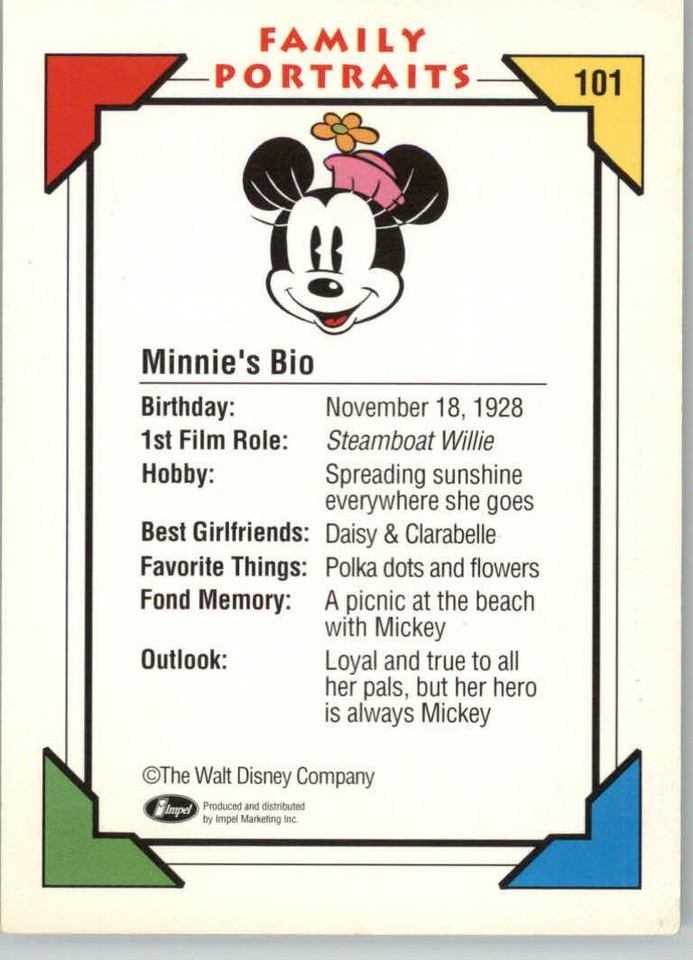 1991 Impel Minnie Mouse Disney Trading Cards Family Portraits #s 101 ...