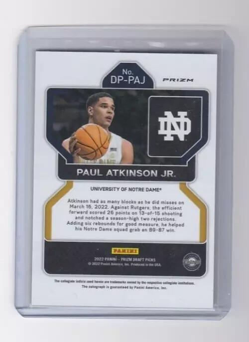 Paul Atkinson Jr. 2022-23 Prizms Draft Green Auto RC Notre Dame ...