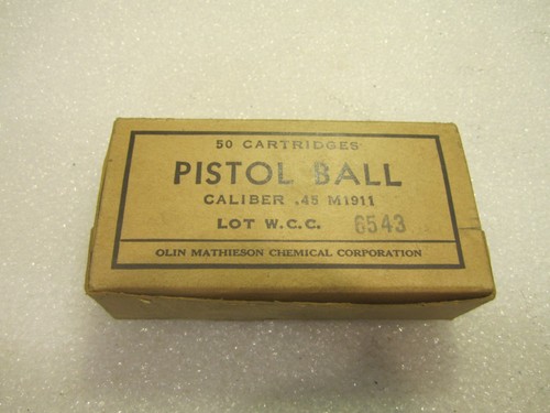VINTAGE AMMO BROWN BOX OLIN MATHIESON CHEMICAL 45 PISTOL BALL M1911 50 ...