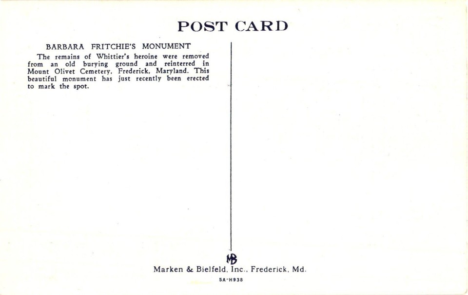 Frederick Maryland Barbara Fritchie Monument Postcard | eBay