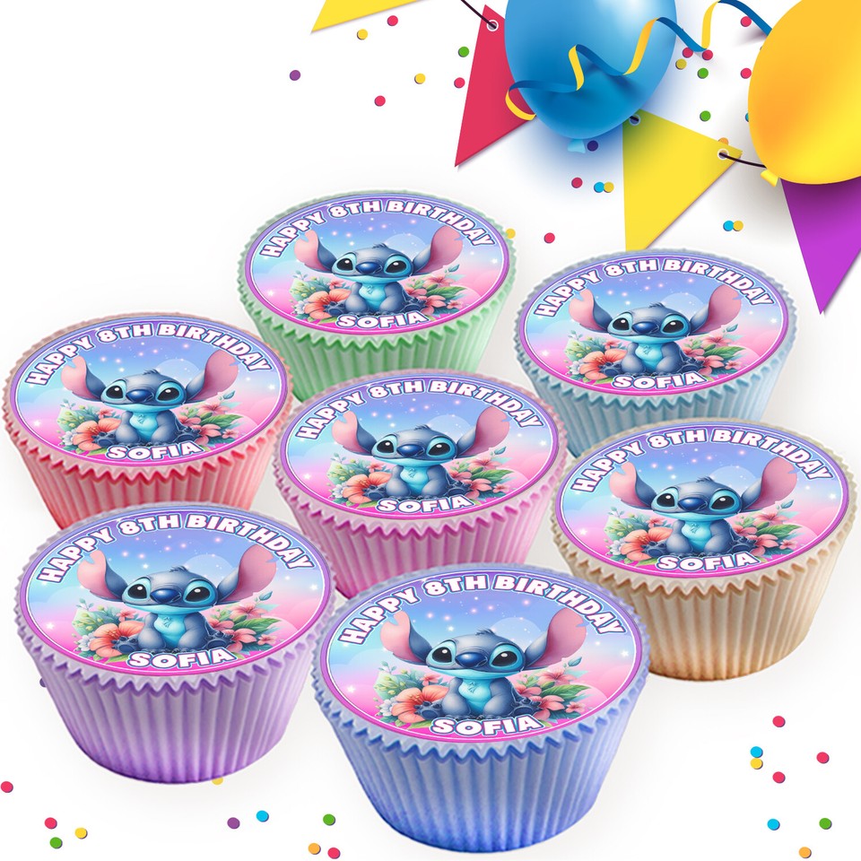 STITCH BIRTHDAY PARTY PERSONALISED EDIBLE CAKE TOPPER & CUPCAKE TOPPERS ...