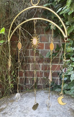 Vintage Lovely Old Gilt Brass Moon & Sun Wind Chime Bell Garden Art ...