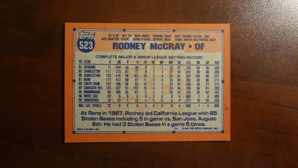 1991 TOPPS # 523 RODNEY McCRAY BASEBALL CARD | eBay