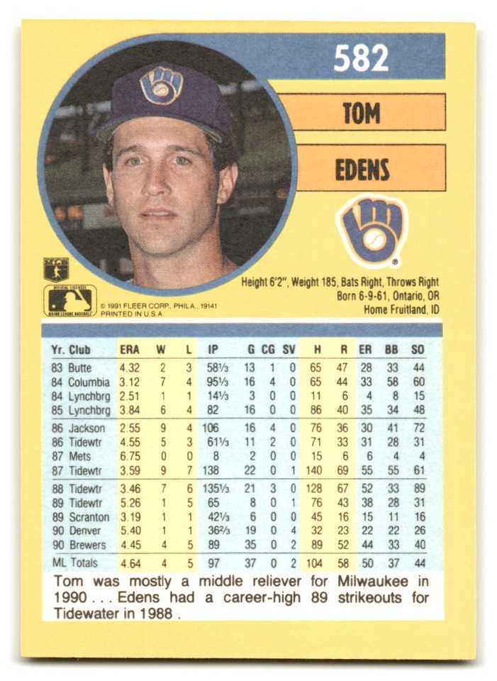 Tom Edens 1991 Fleer Baseball #582 Milwaukee Brewers Rookie "in 1988 ...