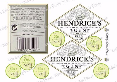 Hendricks Gin Labels Front & Back Cake Topper (Edible Icing) & Cupcake ...