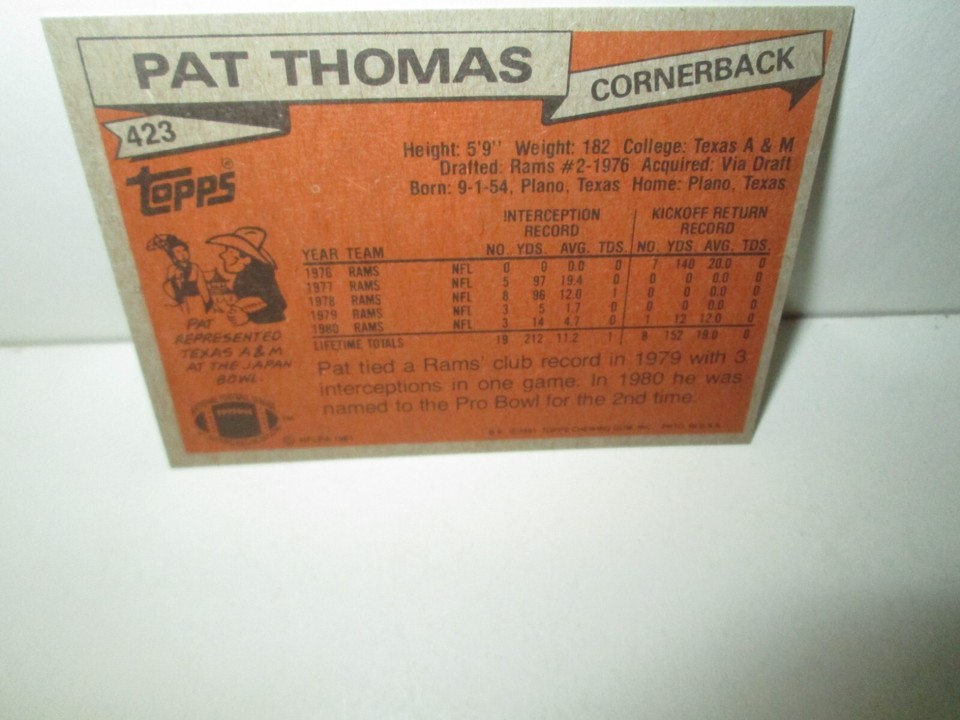 PAT THOMAS 1981 Topps Card #423 Rookie Rc Aggies A&M LOS ANGELES RAMS ...