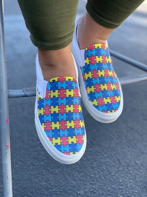Autism Awareness Puzzle Pieces Theme Vans Slip On Shoes Custom | eBay