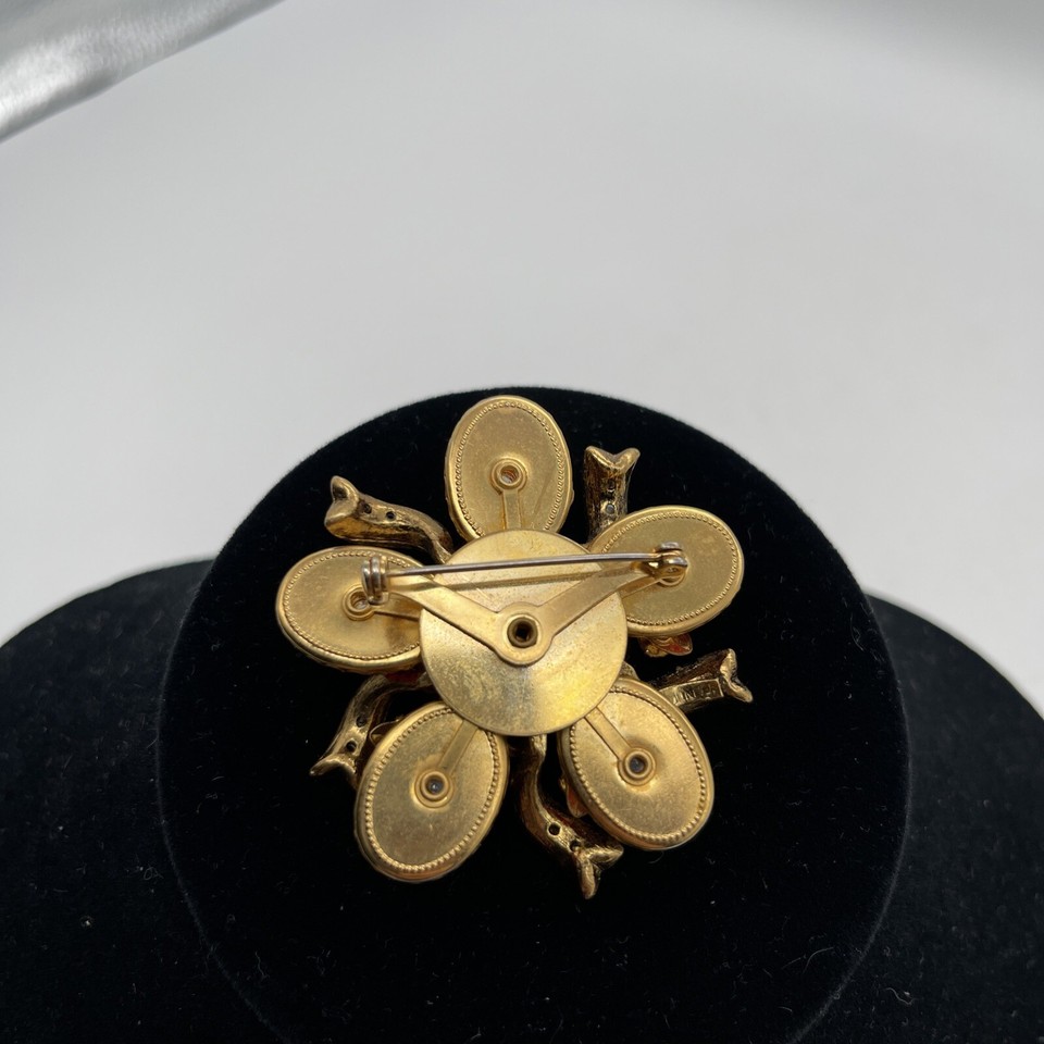 Vintage Selini Brooch Cabochon Flower Rhinestone Green Red Amber ...