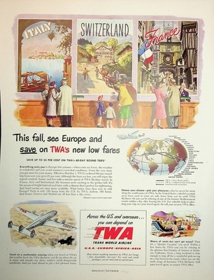 Original 1949 Vintage TWA Ad: TWA -See Europe & Save on TWA's new low ...