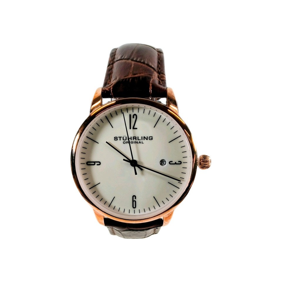 Stuhrling 3997 RARE Rasa Date Brown Embossed Leather Strap Mens Watch ...