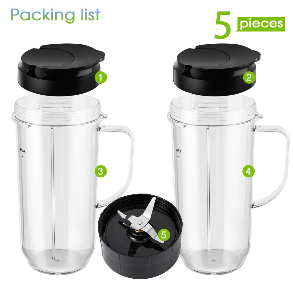 5-piece Magic Bullet Blender Cups, Tall 22oz Cup with Flip-Top To-Go ...
