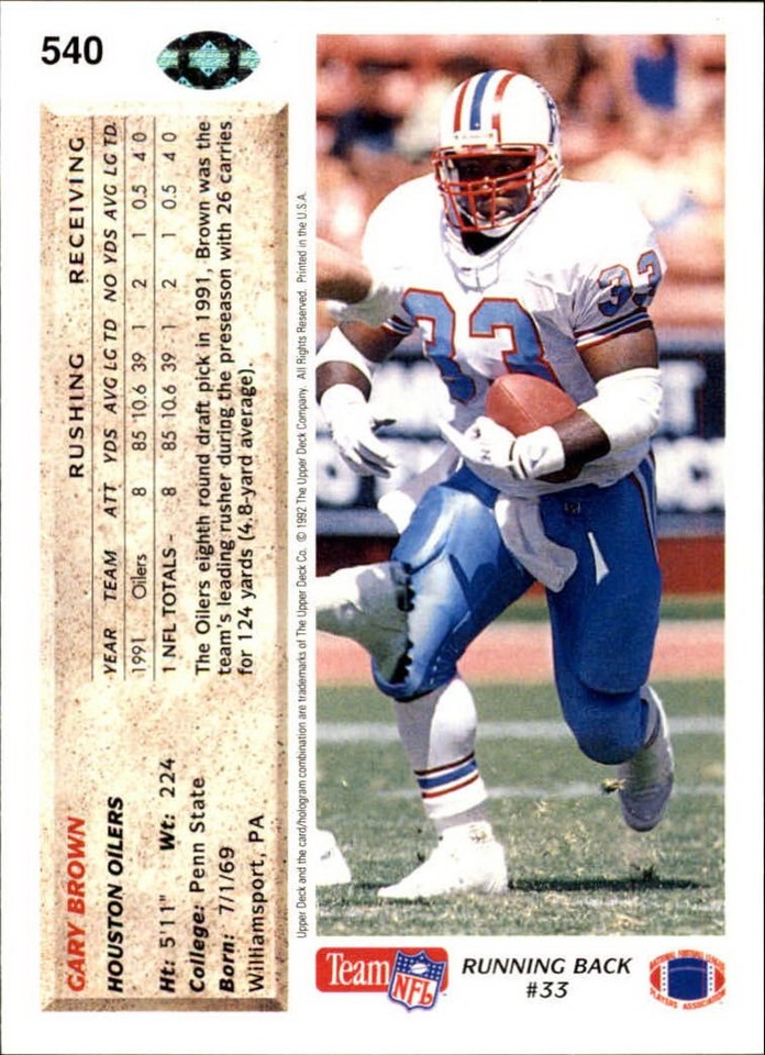1992 Upper Deck Football Card #540 Gary Brown RC Rookie Card | eBay