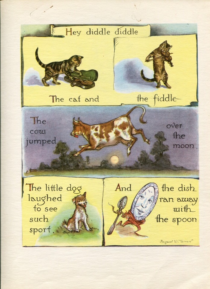 Hey Diddle Diddle illustrated nursery rhyme vintage wall art 1940s ...
