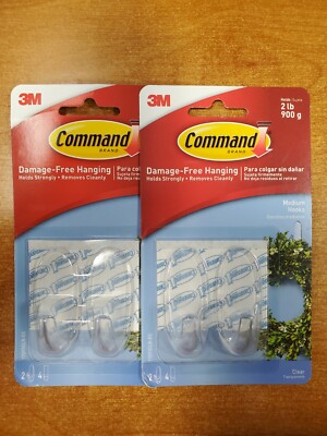 2 Packs 2: 3M Command Medium Clear Hooks Holds up to 2lbs. (7042) E9D | eBay