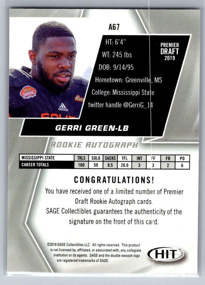 2019 SAGE HIT Red Auto #A67 Gerri Green Mississippi State Bulldogs Football Card | eBay
