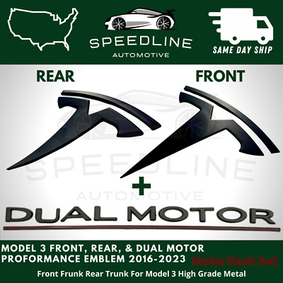 MODEL 3 T Front Rear Emblem DUAL MOTOR Badge Matte Black Sticker Set ...