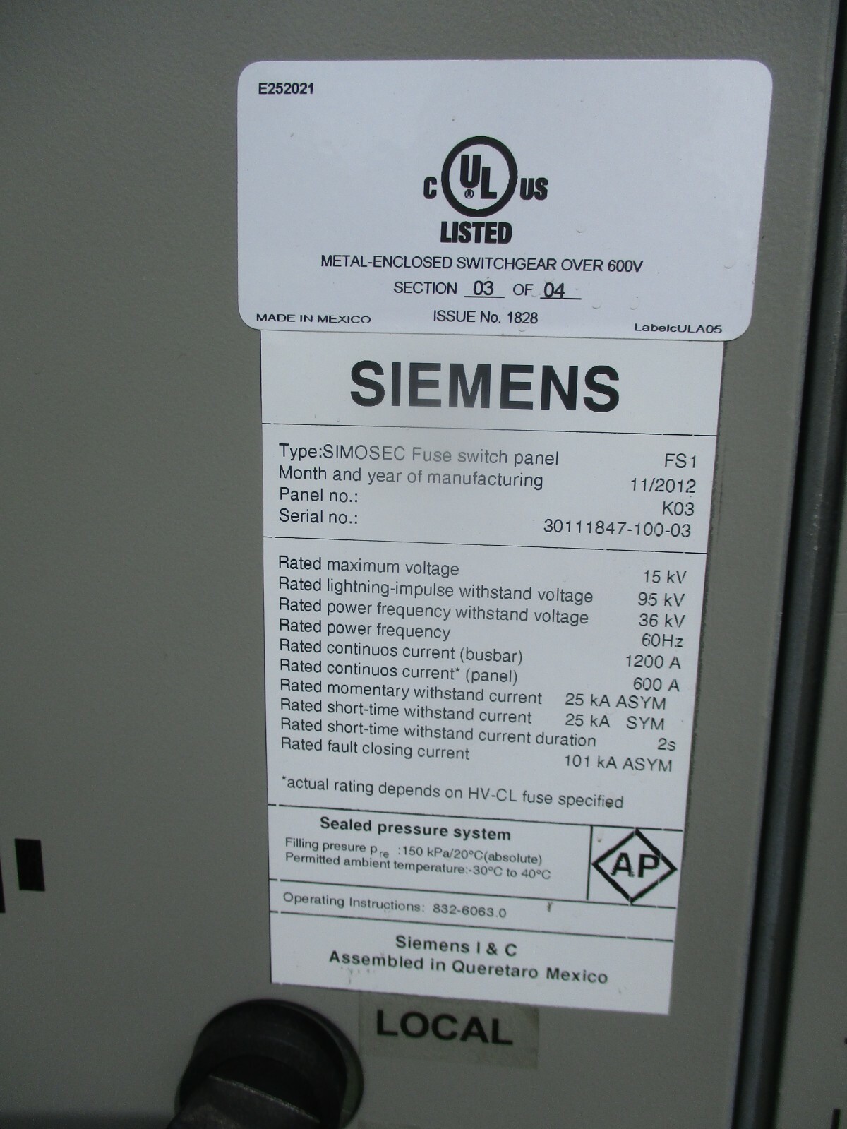 SIEMENS SIMOSEC 15 KV, 1200 AMP, SWITCHBOARD W/ SENTRON PAC4200- E2488 ...