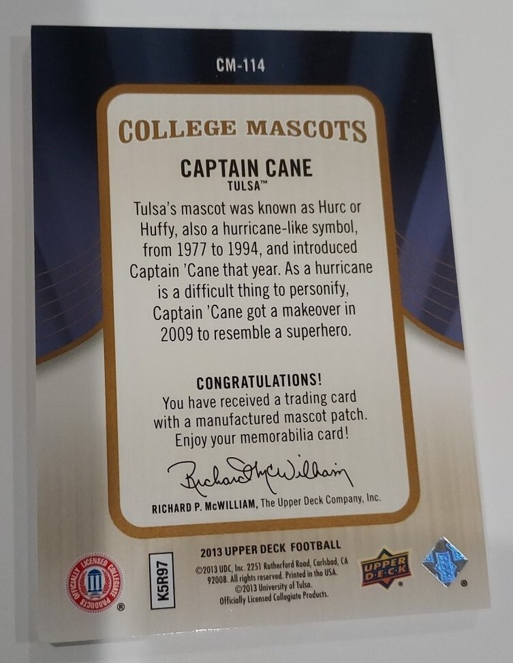 2013 Upper Deck College Tribute Mascot Patch Captain Cane CM-114 Tulsa ...