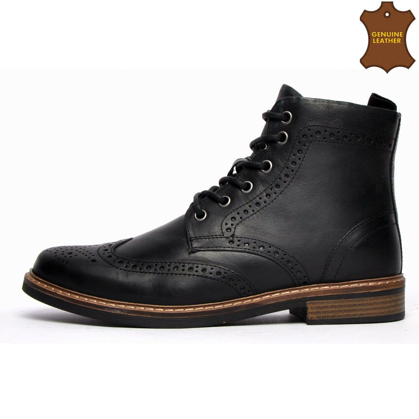 Mens Leather Boots Brogue Smart Formal Combat Lace New Army Ankle Boots ...
