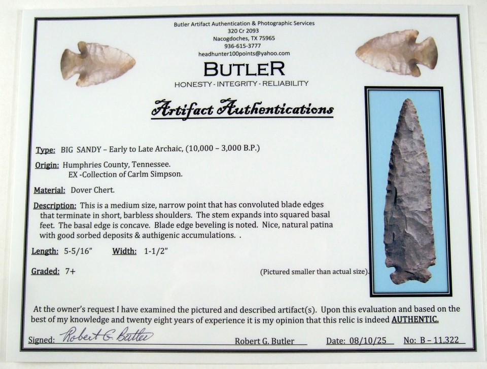 Large Super Fine 5 5/16 Tennessee Dover Big Sandy Point wt Butler COA ...