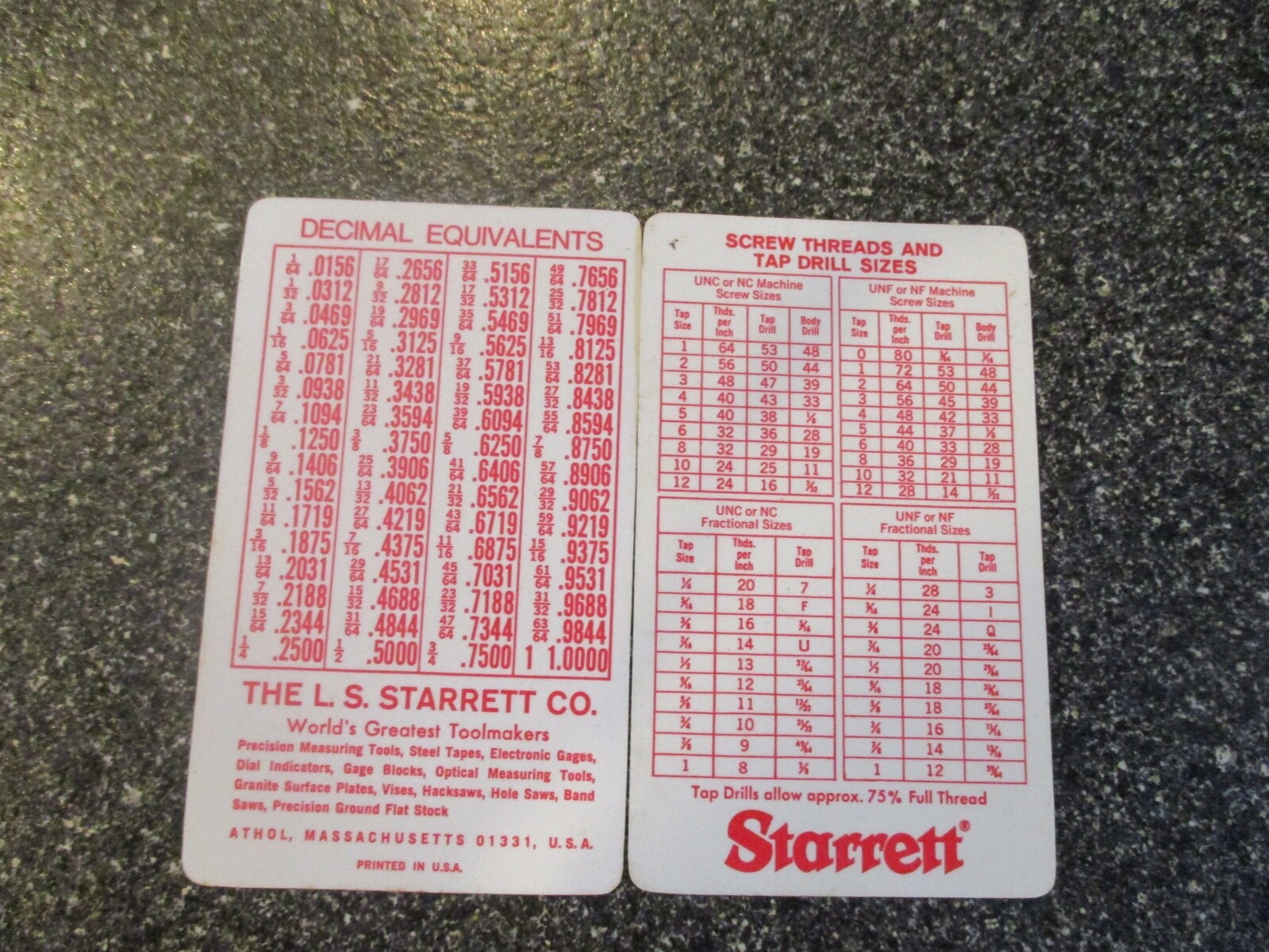 STARRETT TAP DRILL SIZE - SCREW THREADS - DECIMAL EQUIVALENTS Pocket ...