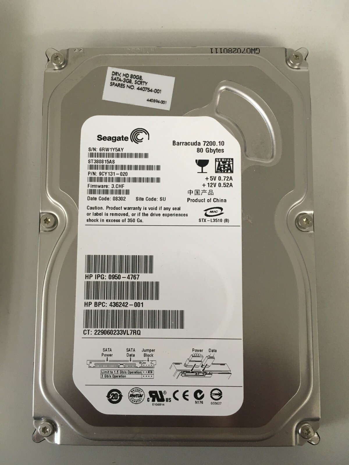 Seagate Barracuda ST380815AS 80GB Internal 7200RPM 3.5" SATA P/N 9CY131 ...