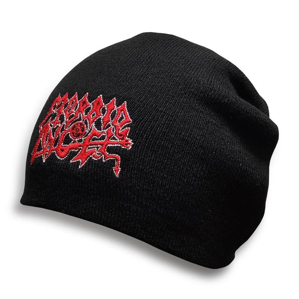 knitted men's black beanie hat with embroidery logo rock metal band ...