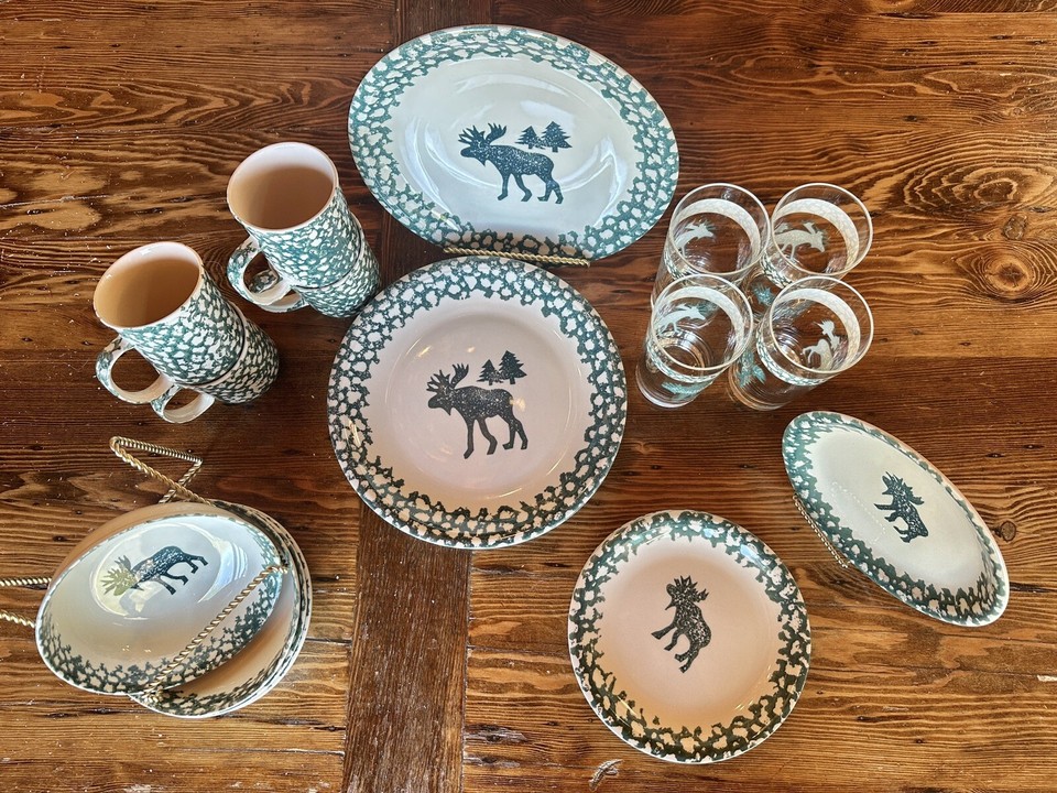 Folk Craft MOOSE COUNTRY 4 Dinner 4 Salad Plates 4 Bowls 4 Mugs Green 4 ...