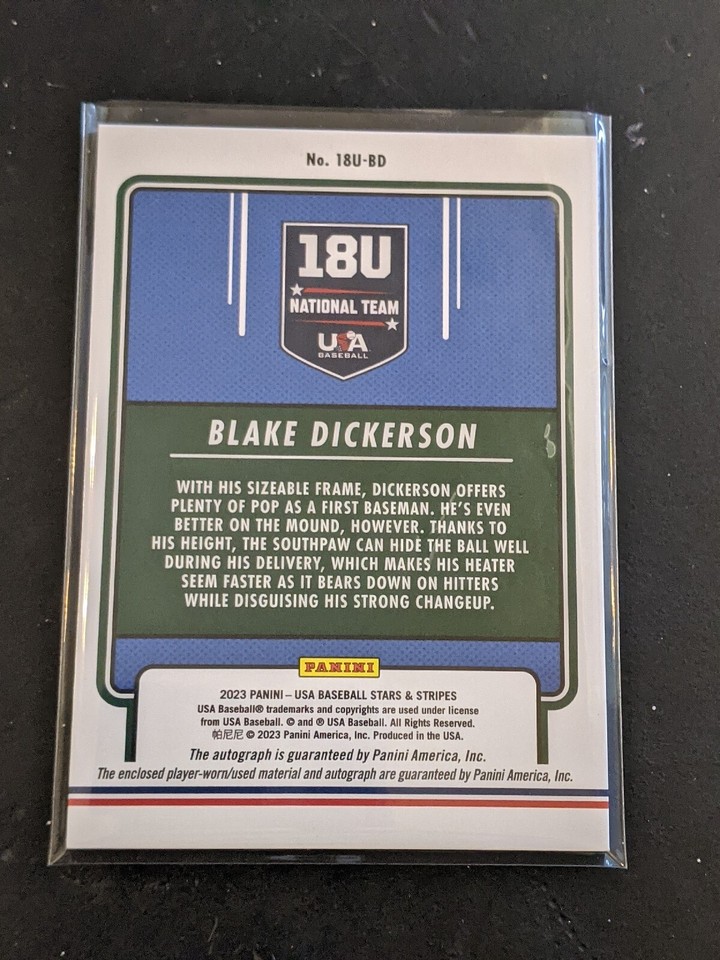 2023 Panini Stars & Stripes Blake Dickerson Auto Patch Relic Team USA ...