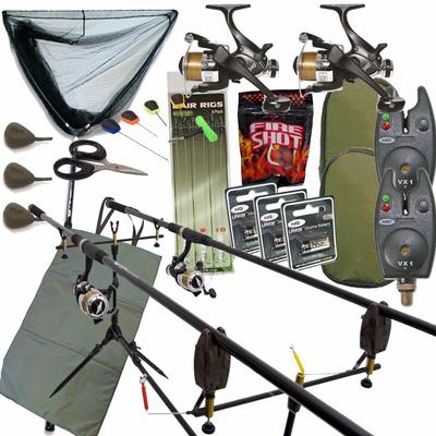 Full Carp fishing Set Up With Rods Reels Bite Alarms Landing Net Pod ...